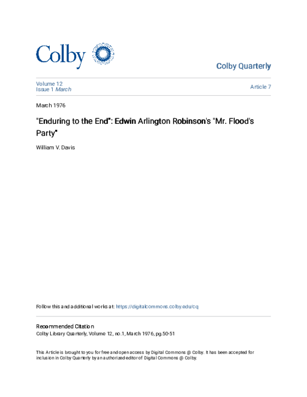 (PDF) Enduring to the End": Edwin Arlington Robinson's "Mr. Flood's Party