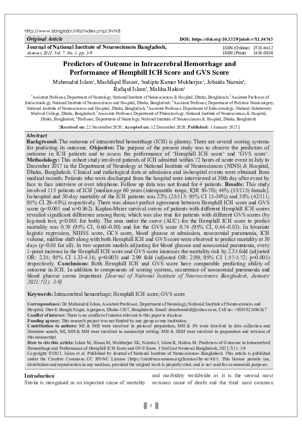 (PDF) Predictors of Outcome in Intracerebral Hemorrhage and Performance of Hemphill ICH Score ...
