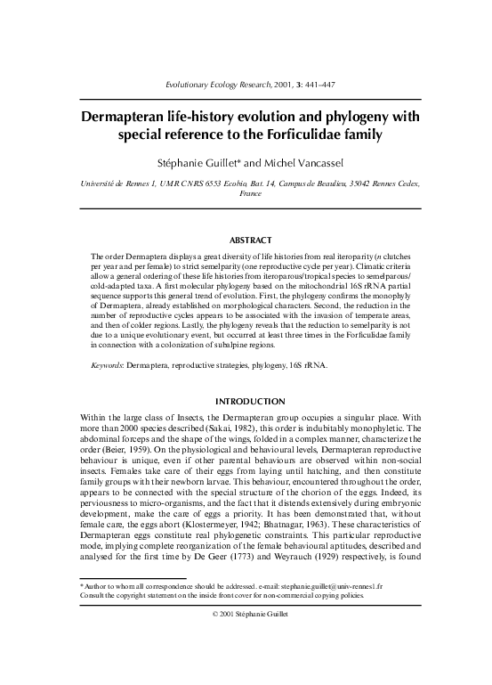 (PDF) Dermapteran life-history evolution and phylogeny with special ...