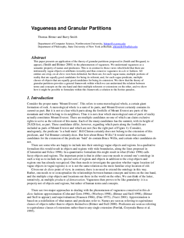 (PDF) Vagueness and granular partitions | Thomas Bittner - Academia.edu