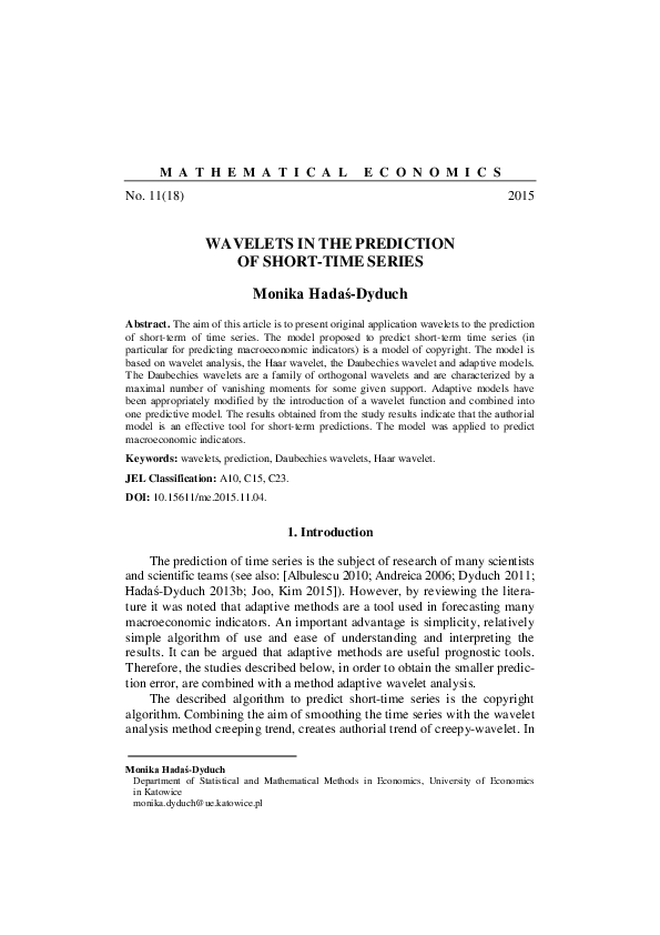 (PDF) Wavelets in the prediction of short-time series