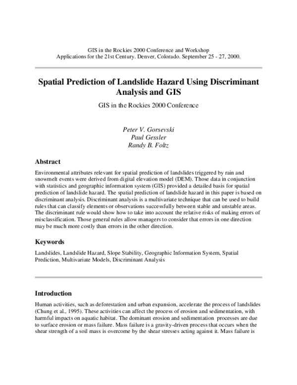 (PDF) Spatial prediction of landslide hazard using discriminant analysis and GIS