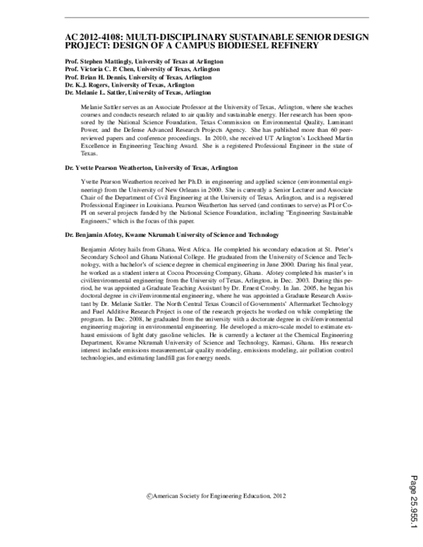 (PDF) Multi-disciplinary Sustainable Senior Design Project: Design of a Campus Biodiesel ...