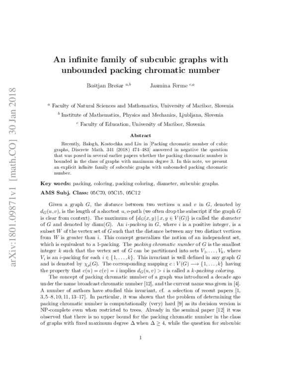 (PDF) An infinite family of subcubic graphs with unbounded packing chromatic number