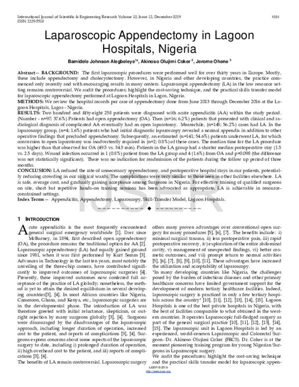(PDF) Laparoscopic Appendectomy in Lagoon Hospitals, Nigeria
