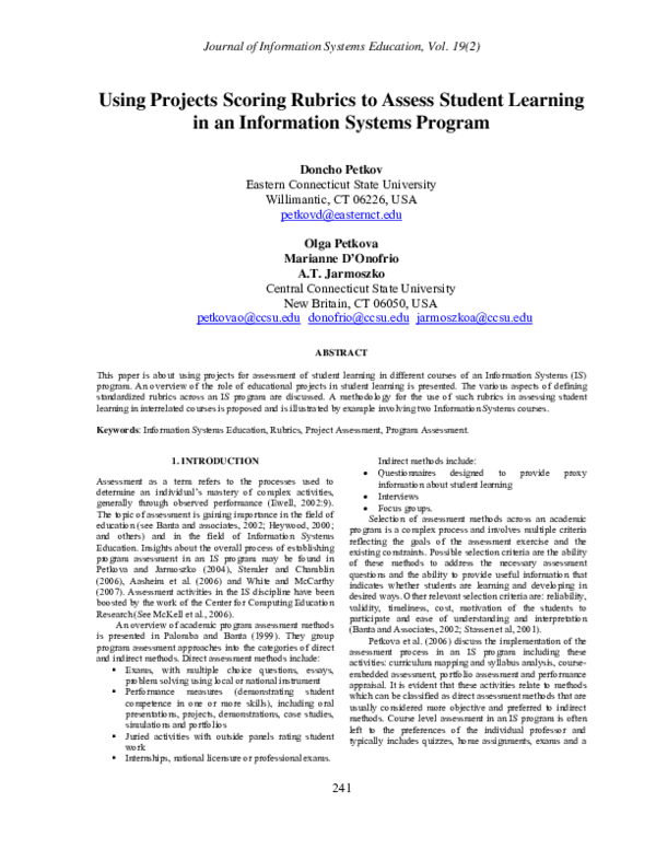 (PDF) Using Projects Scoring Rubrics to Assess Student Learning in an ...
