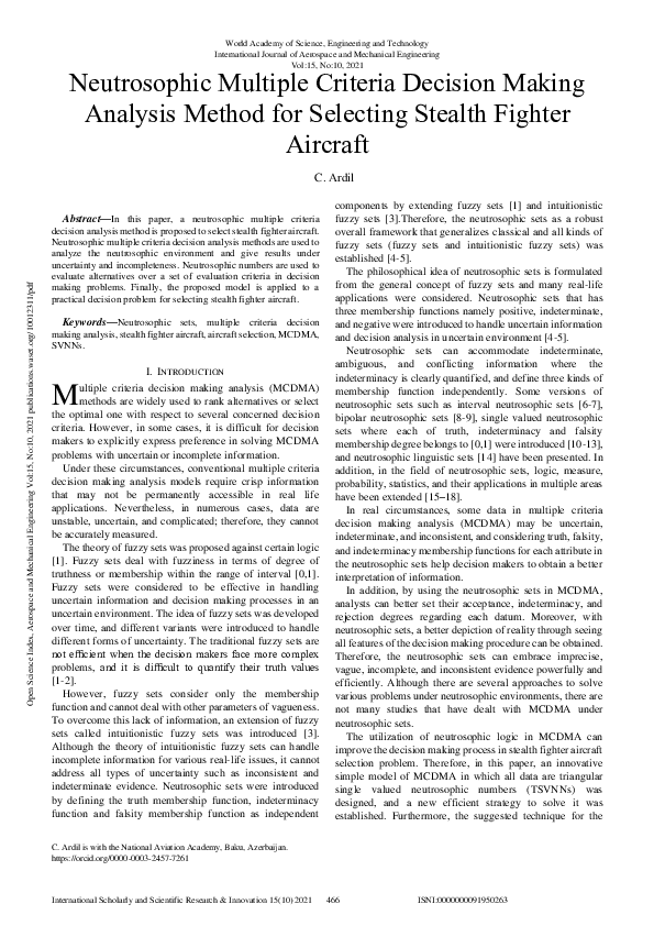 (PDF) Neutrosophic Multiple Criteria Decision Making Analysis Method for Selecting Stealth ...