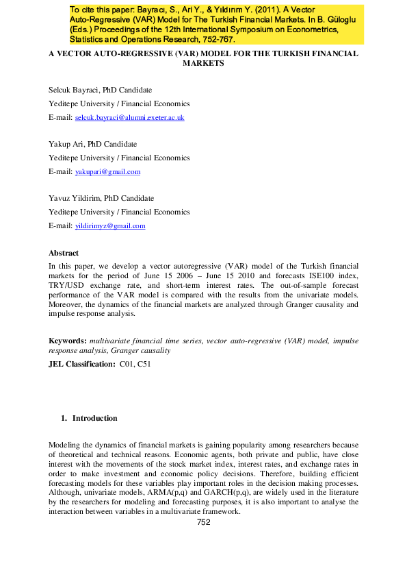 (PDF) A Vector Autoregressive (VAR) Model for the Turkish Financial Markets