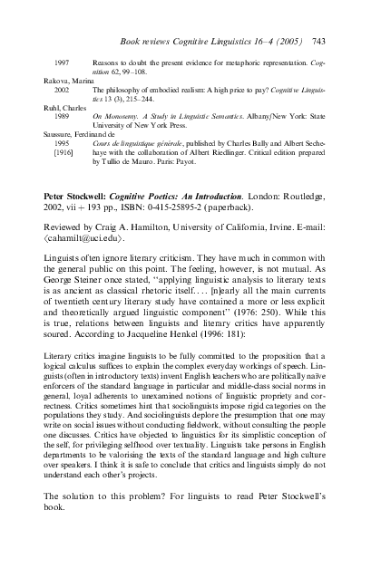 (PDF) 2005. Book review: 'Cognitive Poetics' by Peter Stockwell