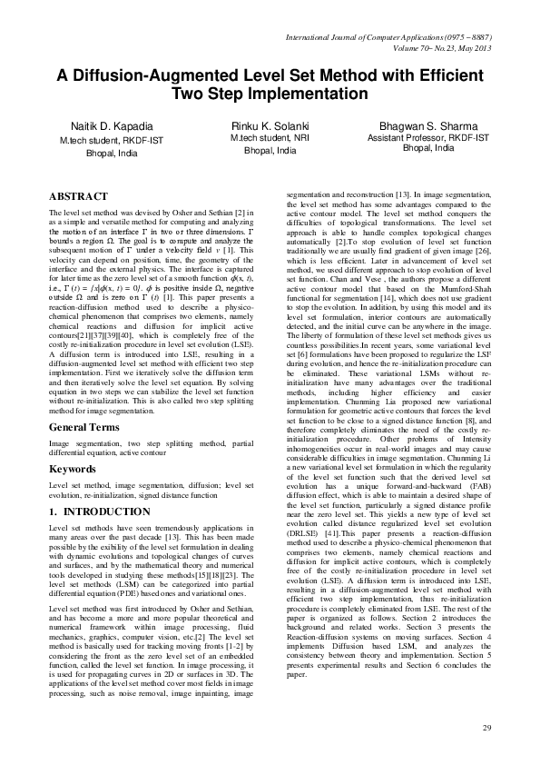 Pdf A Diffusion Augmented Level Set Method With Efficient Two Step Implementation
