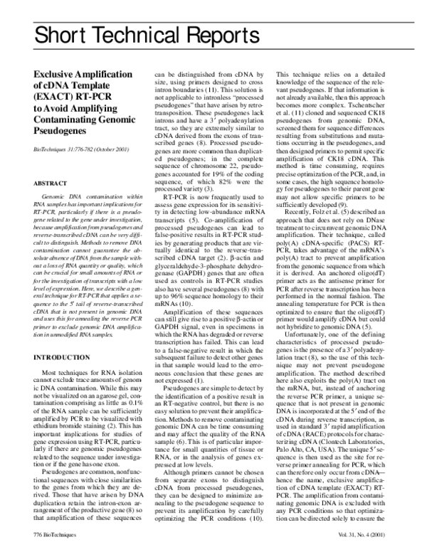 (PDF) Exclusive amplification of cDNA template (EXACT) RT-PCR to avoid ...