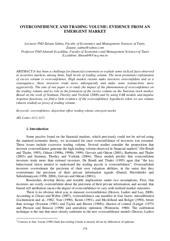 (PDF) Overconfidence and Trading Volume: Evidence from an Emergent Market