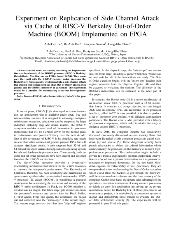 (PDF) Experiment on Replication of Side Channel Attack via Cache of RISC-V Berkeley Out-of-Order ...