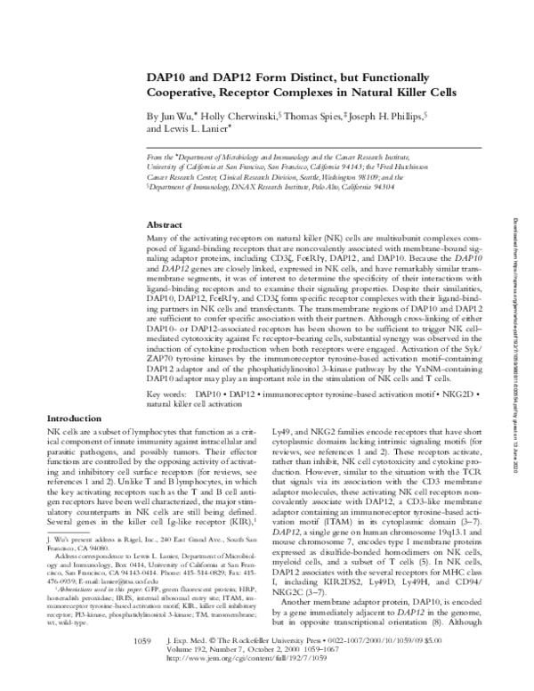 (PDF) DAP10 and DAP12 form distinct, but functionally cooperative ...