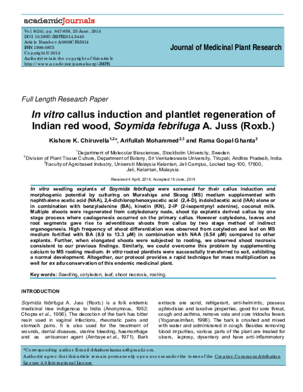 (PDF) In vitro callus induction and plant regeneration from leaf ...