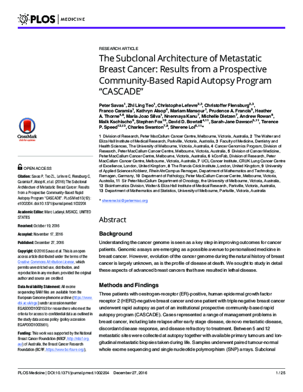 Pdf The Subclonal Architecture Of Metastatic Breast Cancer Results