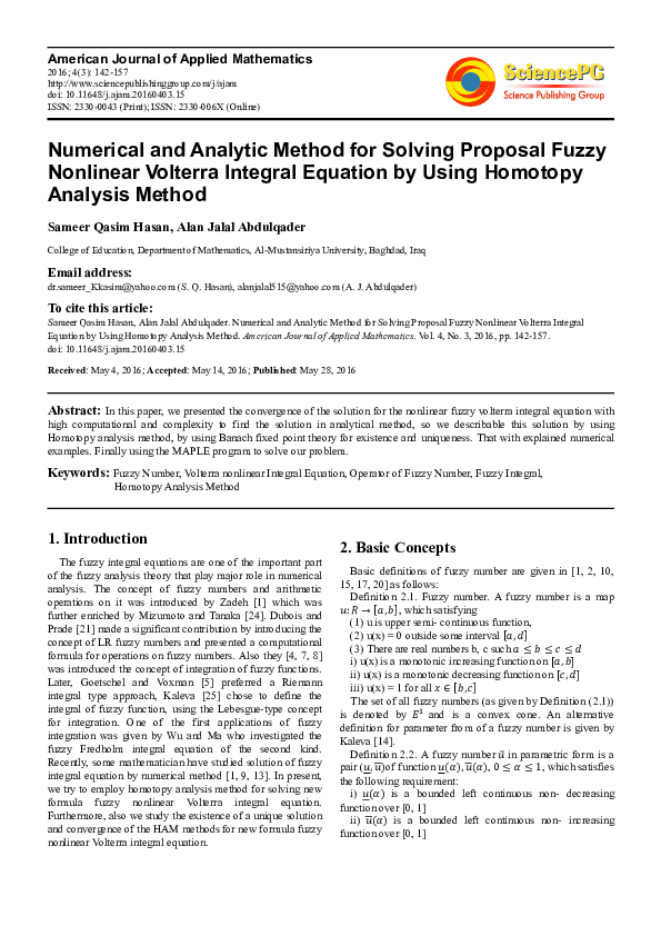 (PDF) Numerical and Analytic Method for Solving Proposal Fuzzy Nonlinear Volterra Integral ...