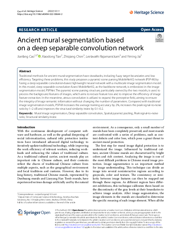Pdf Ancient Mural Segmentation Based On A Deep Separable Convolution Network