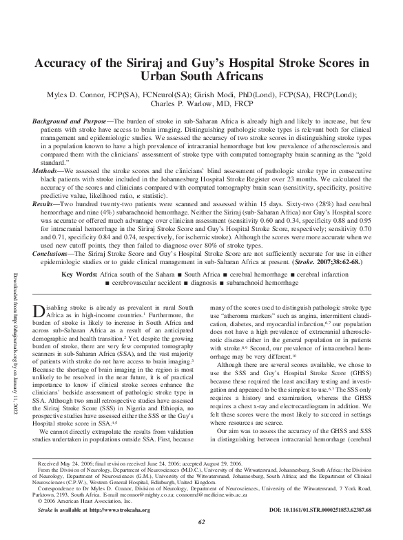 (PDF) Accuracy of the Siriraj and Guy’s Hospital Stroke Scores in