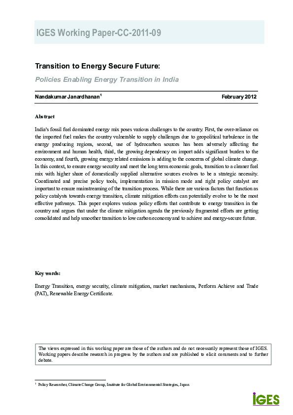 (PDF) Transition to Energy Secure Future: Policies Enabling Energy ...