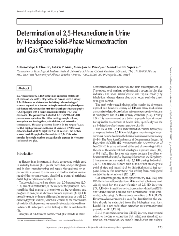 Pdf Determination Of 2 5 Hexanedione In Urine By Headspace Solid Phase Microextraction And