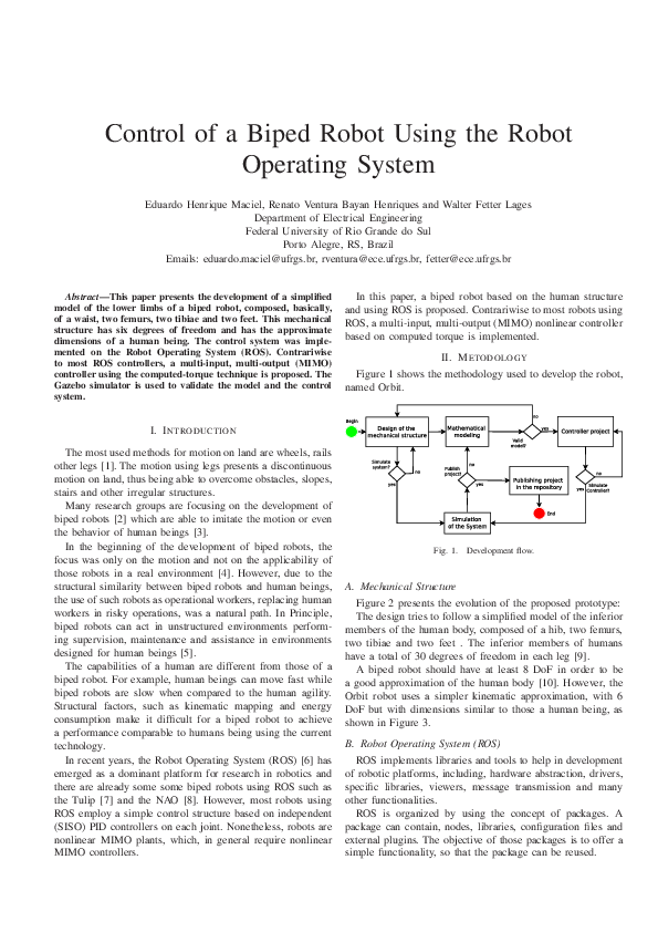 Pdf Control Of A Biped Robot Using The Robot Operating System