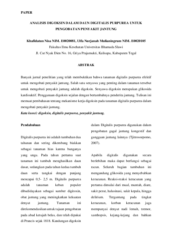 (PDF) ANALISIS DIGOKSIN DALAM DAUN DIGITALIS PURPUREA UNTUK PENGOBATAN ...
