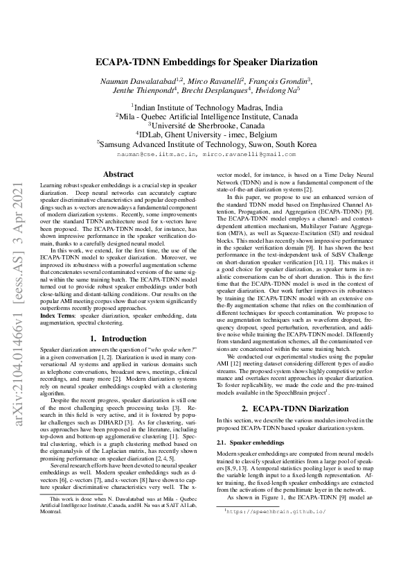 (PDF) ECAPA-TDNN Embeddings for Speaker Diarization