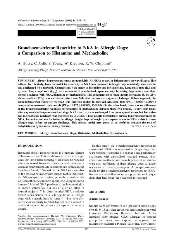 (PDF) Bronchoconstrictor Reactivity to NKA in Allergic Dogs: a ...