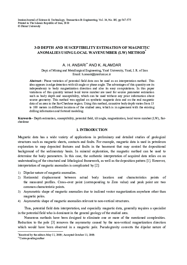 (PDF) 3-D depth and susceptibility estimation of magnetic anomalies using local wavenumber (LW ...