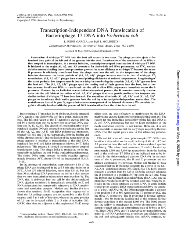 (PDF) Transcription-independent DNA translocation of bacteriophage T7 ...