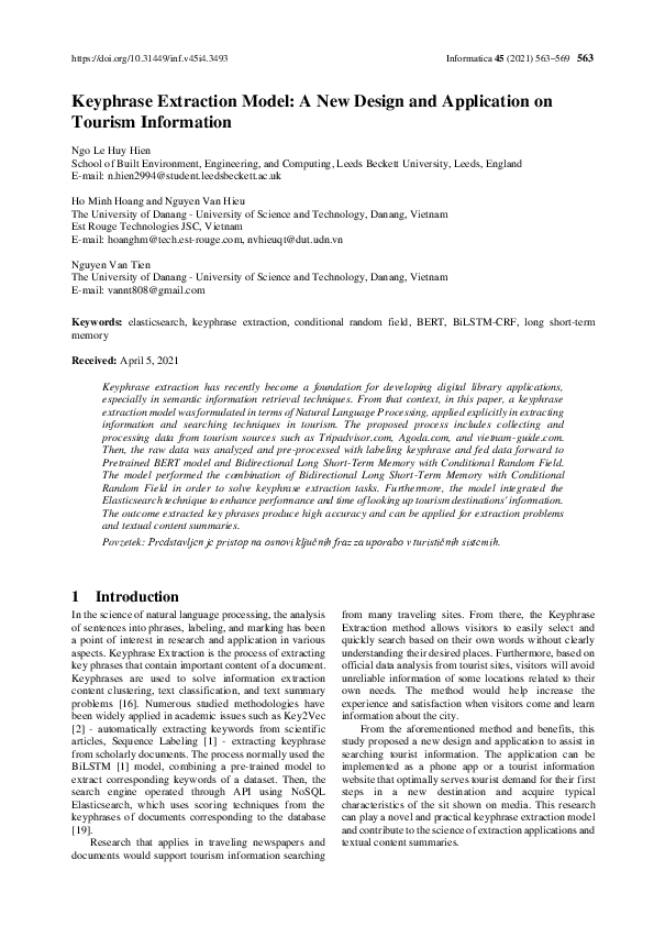 (PDF) Keyphrase Extraction Model: A New Design and Application on Tourism Information