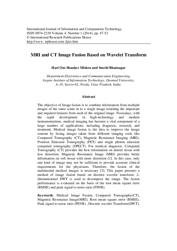 (PDF) MRI and CT Image Fusion Based on Wavelet Transform