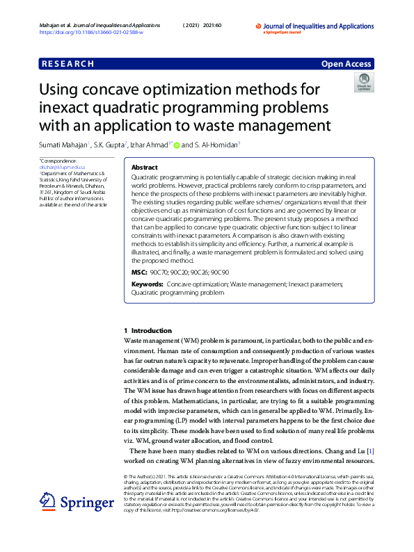 Pdf Using Concave Optimization Methods For Inexact Quadratic Programming Problems With An