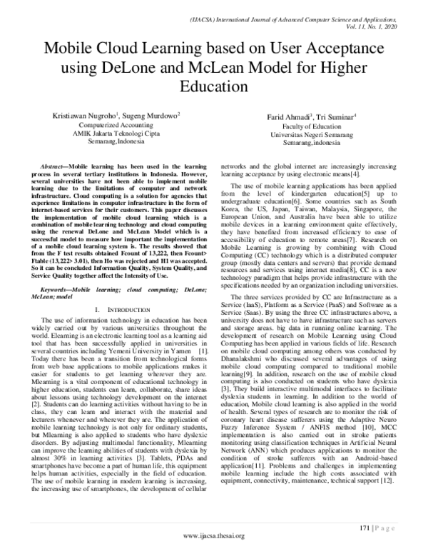 (PDF) Mobile Cloud Learning based on User Acceptance using DeLone and ...