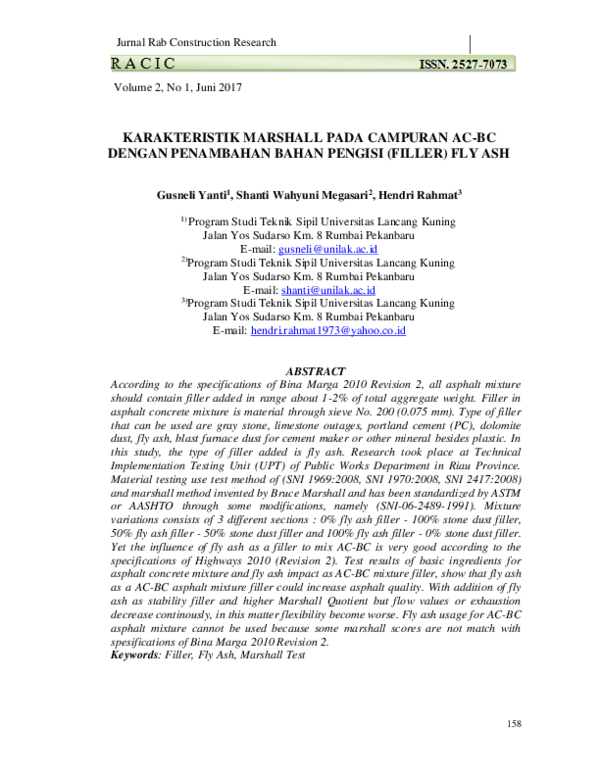 (PDF) Karakteristik Marshall Pada Campuran Ac-BC Dengan Penambahan Bahan Pengisi (Filler) Fly Ash