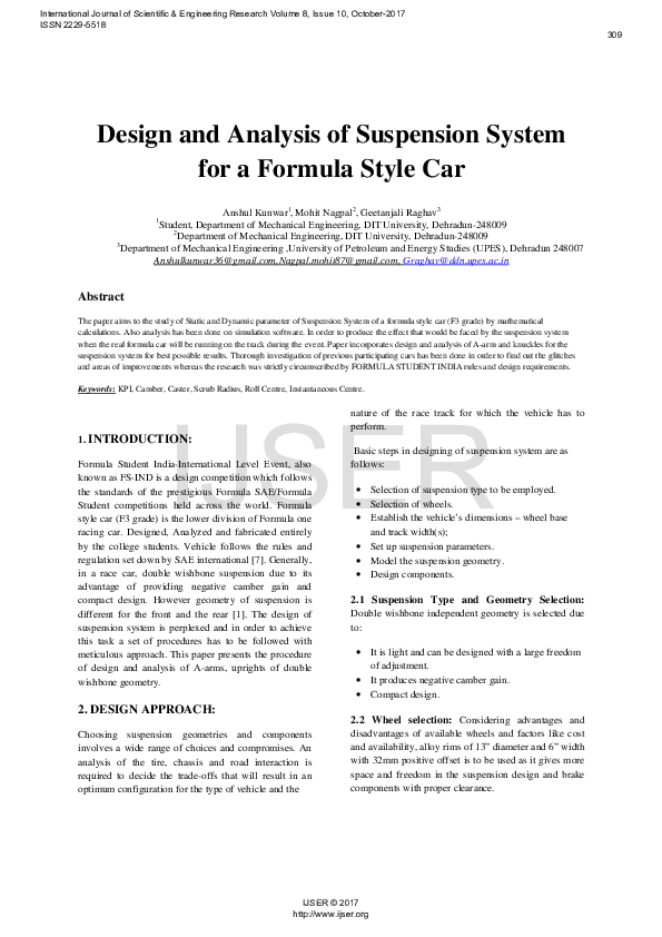 (PDF) Design and Analysis of Suspension System for a Formula Style Car