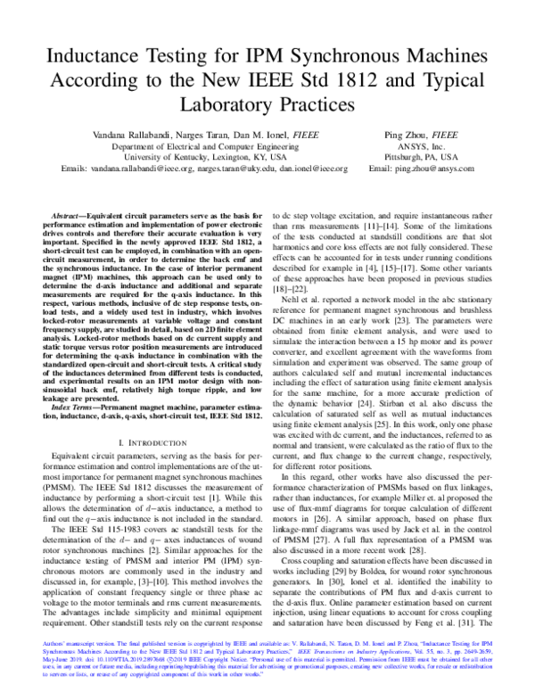 (PDF) Inductance Testing for IPM Synchronous Machines According to the ...