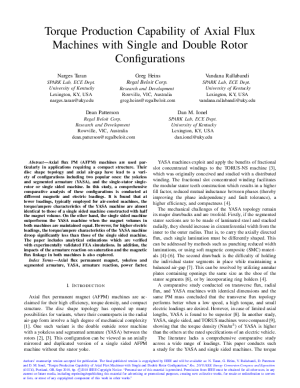 (PDF) Torque Production Capability of Axial Flux Machines with Single ...