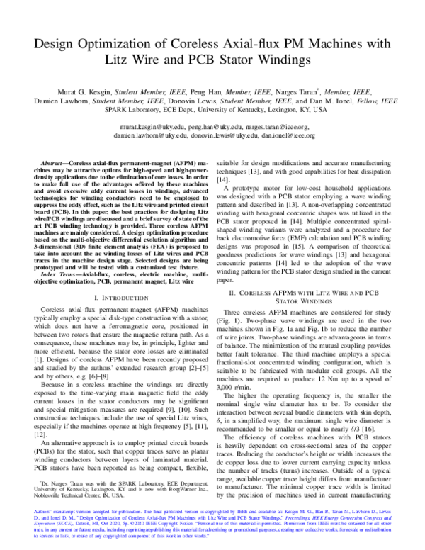 Pdf Design Optimization Of Coreless Axial Flux Pm Machines With Litz