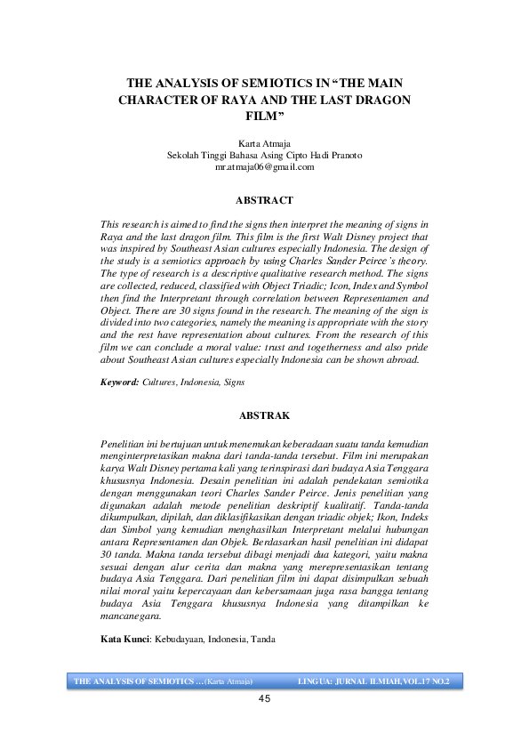(PDF) The Analysis of Semiotics in “The Main Character of Raya and the Last Dragon Film”