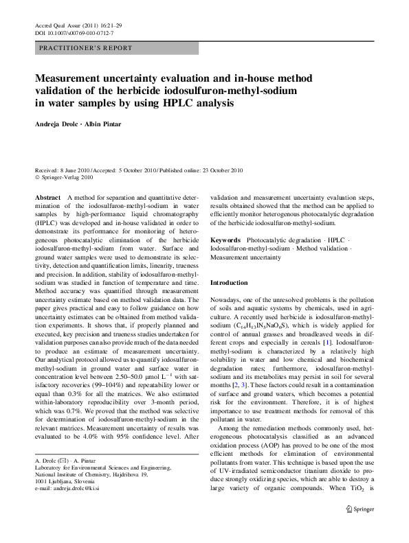 (PDF) Measurement uncertainty evaluation and in-house method validation of the herbicide ...