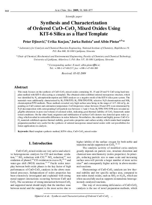 (PDF) Synthesis and Characterization of Ordered CuO―CeO2 Mixed Oxides ...