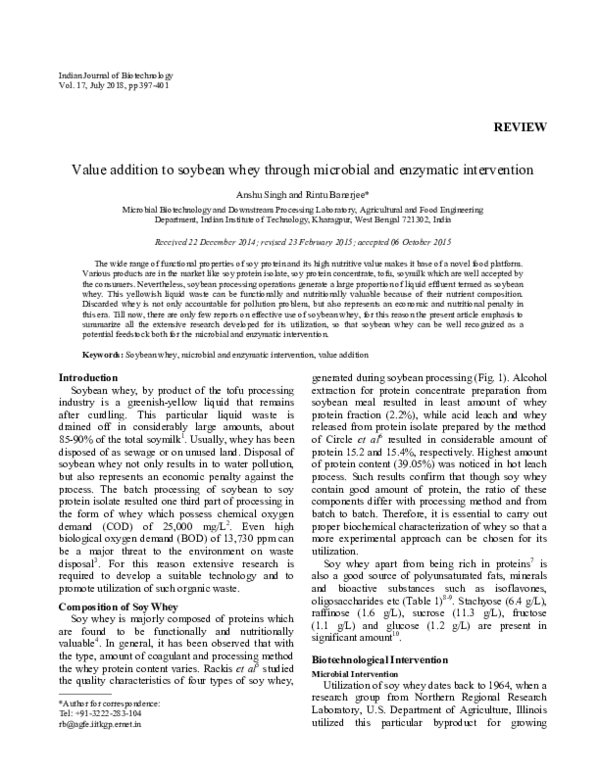 (PDF) Value addition to soybean whey through microbial and enzymatic ...