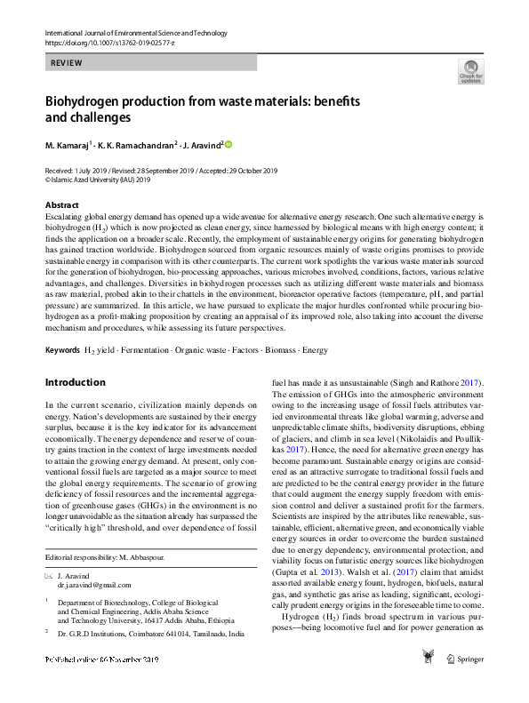 (PDF) Biohydrogen production from waste materials: benefits and challenges