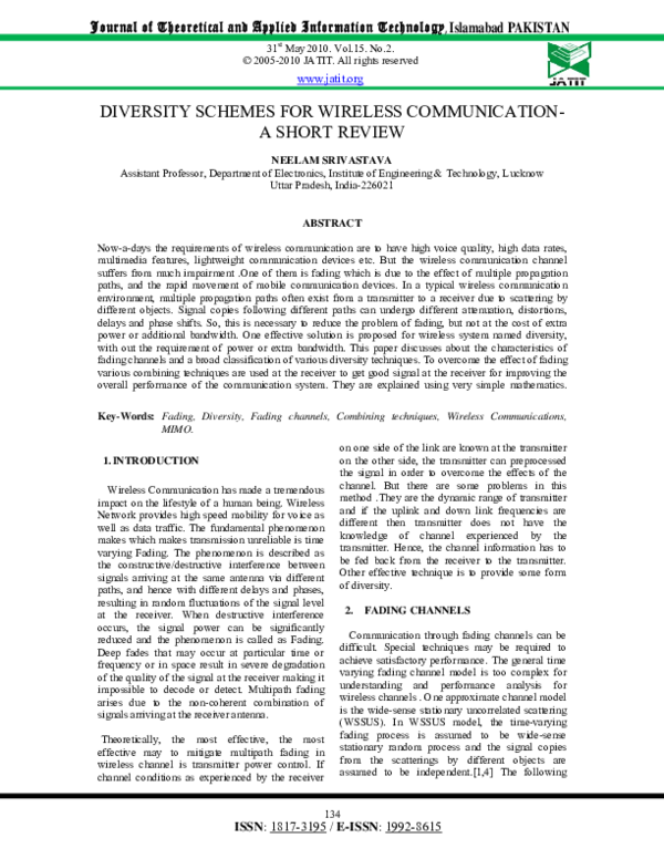 (PDF) Diversity Schemes for Wireless Communication- a Short Review