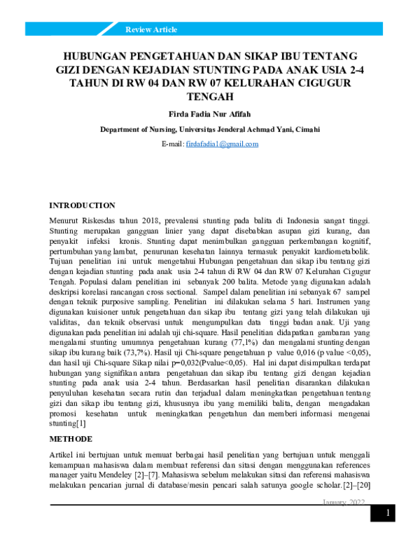 (DOC) HUBUNGAN PENGETAHUAN DAN SIKAP IBU TENTANG GIZI DENGAN KEJADIAN STUNTING PADA ANAK USIA 2 ...
