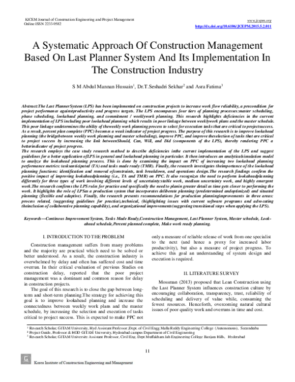 (PDF) A Systematic Approach Of Construction Management Based On Last Planner System And Its ...