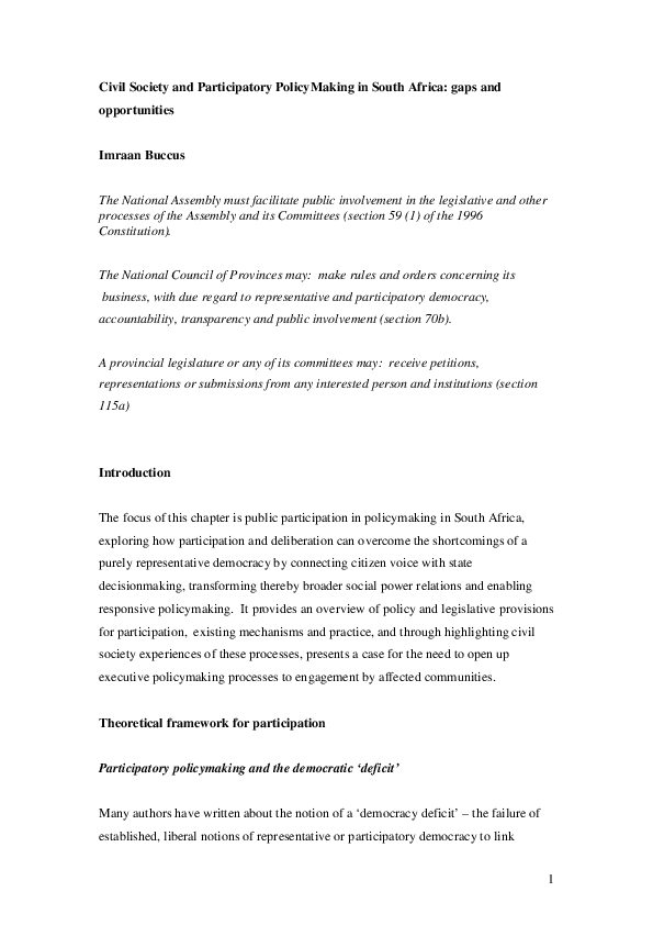 (PDF) Civil society and participatory policy making in South Africa