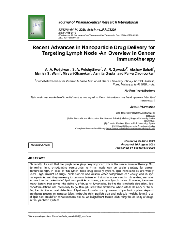 (PDF) Recent Advances in Nanoparticle Drug Delivery for Targeting Lymph ...